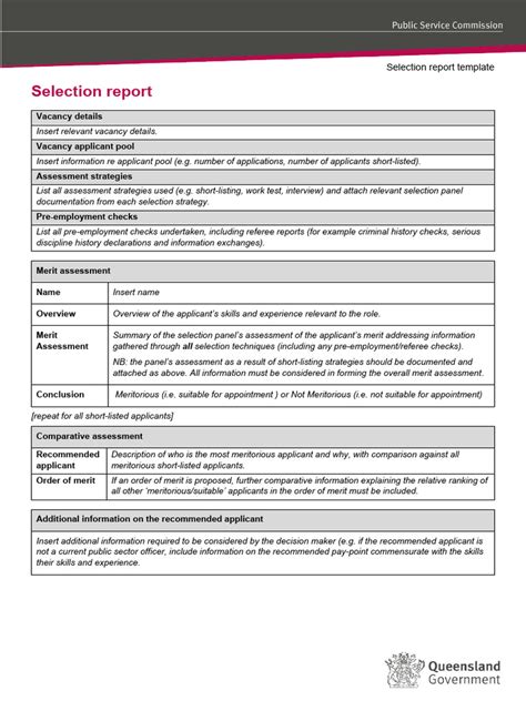 Selection Report Template Pdf
