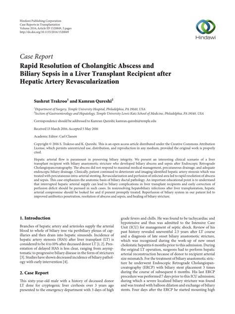 Pdf Rapid Resolution Of Cholangitic Abscess And Biliary Sepsis In A