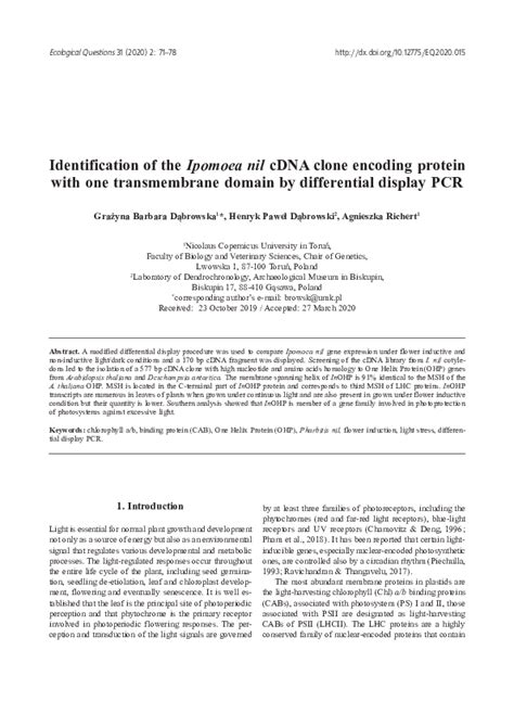 Pdf Identification Of The Ipomoea Nil Cdna Clone Encoding Protein