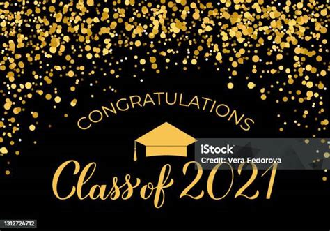 2021 년 배너의 클래스 금 색종이 졸업 파티 또는 무도회 장식 졸업생에게 축하의 타이포그래피 포스터 벡터 일러스트레이션