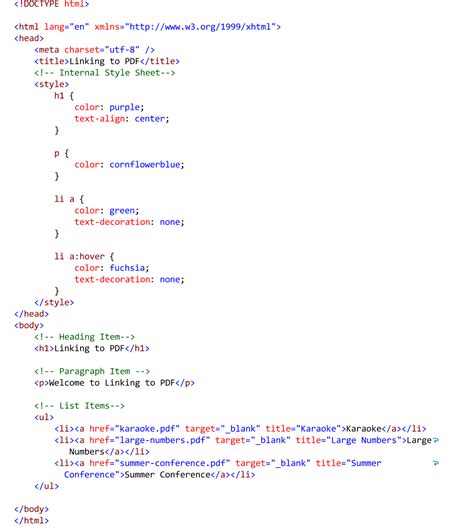 Html Code For Linking To Pdf With Internal Style Sheet For Heading H1