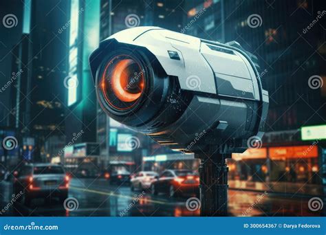 Close Up Futuristic Security Camera In Street Of Smart City Stock Image Image Of Technology