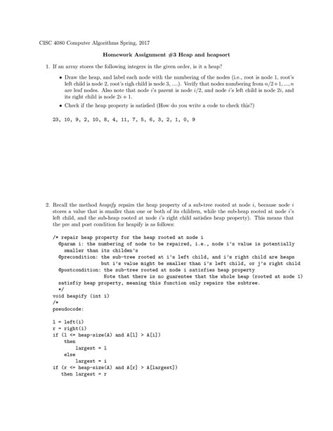 Homework Assignment 3 Heap And Heapsort Cisc 4080 Computer