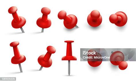 핀을 다른 각도로 밀어넣습니다 첨부 파일에 대한 빨간색 엄지 손가락 금속 바늘과 빨간색 머리 절연 벡터 세트푸시핀 금속에 대한 스톡 벡터 아트 및 기타 이미지 Istock