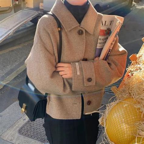 여성용 긴팔 모직 코트 턴다운 칼라 여성용 재킷 카키색 짧은 모직 상의 한국 2023 Aliexpress