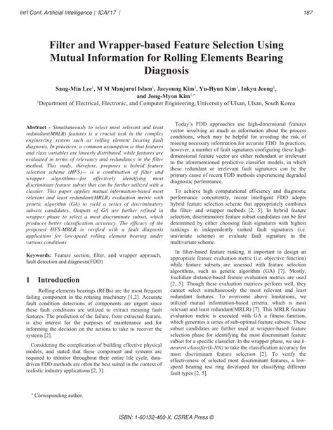 Pdf Filter And Wrapper Based Feature Selection Using Mutual Information For Rolling Elements