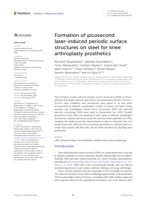 Pdf Formation Of Picosecond Laser Induced Periodic Surface Structures On Steel For Knee