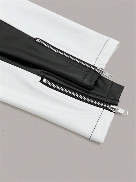 Shein Coolane Bikercore Letter Graphic Colorblock Zip Leather Look Crop