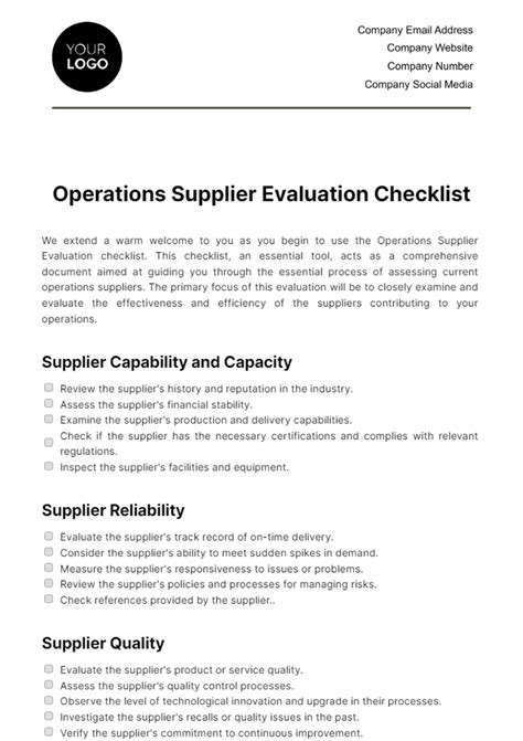 Free Operations Supplier Evaluation Checklist Template To Edit Online