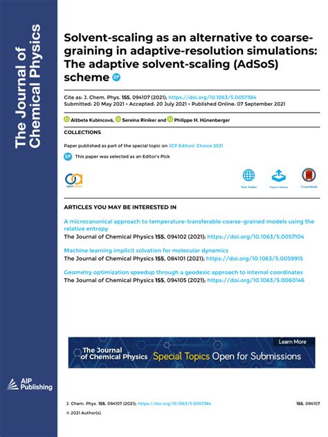 Pdf Solvent Scaling As An Alternative To Coarse Graining In Adaptive Resolution Simulations