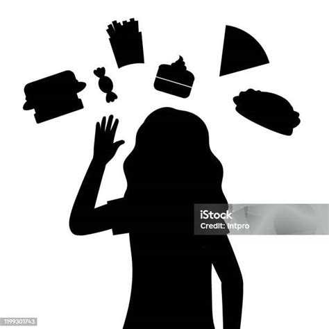 패스트 푸드 개념 달콤하고 뚱뚱한 영양 패스트 푸드 와 과자 주위에 둘러싸인 여자 헬스케어 와 라이프 스타일 플랫 스타일 벡터 일러스트레이션 거리에 대한 스톡 벡터 아트 및