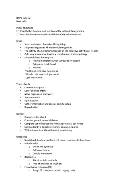 Week 1 Basic Cells Lecture Notes 1 Hap1 Week 2 Basic Cells Paper