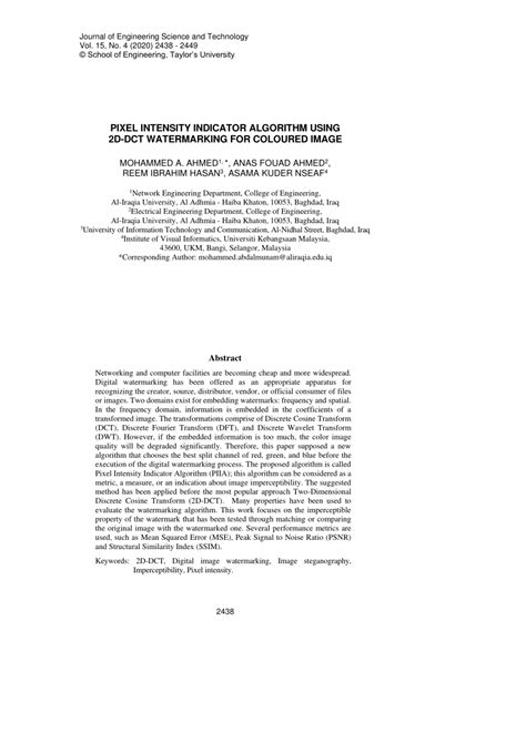 Pdf Pixel Intensity Indicator Algorithm Using 2d Dct Watermarking For