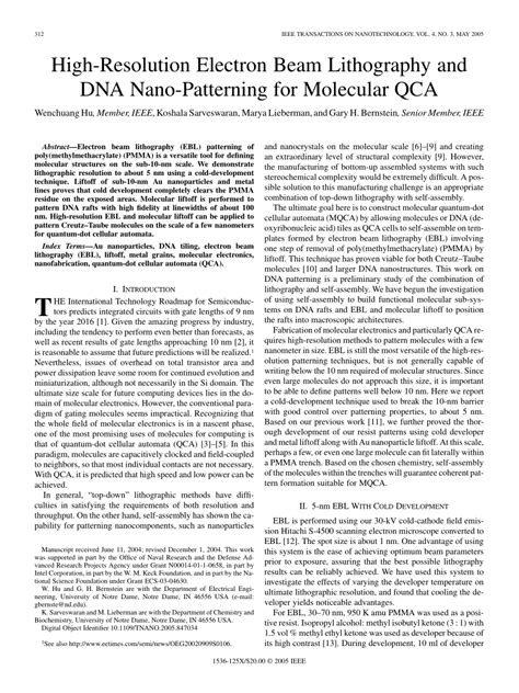 PDF High Resolution Electron Beam Lithography And DNA Nano Patterning For Molecular QCA