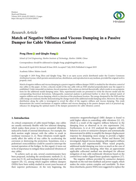 Pdf Match Of Negative Stiffness And Viscous Damping In A Passive Damper For Cable Vibration