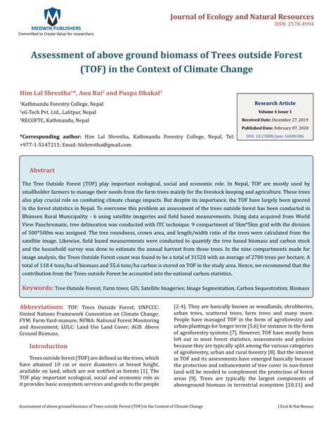Pdf Assessment Of Above Ground Biomass Of Trees Outside Forest Tof