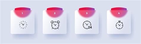 시계 설정 아이콘 시간 엄수 알람 시계 시간 분 계획 일정 계획 약속 24시 24시 간판 시계 타이머 스톱워치 시간 관리 개념 Glassmorphism 스타일 프리미엄 벡터