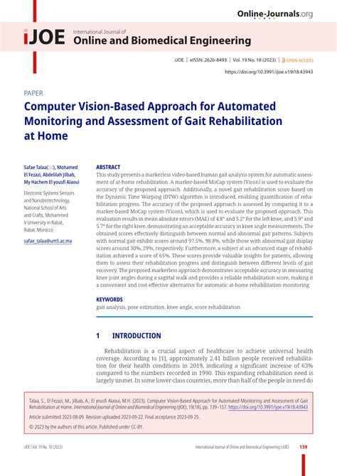 Pdf Computer Vision Based Approach For Automated Monitoring And Assessment Of Gait