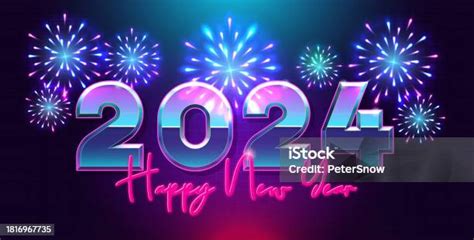 벡터 새해 복 많이 받으세요 2024 복고풍 80 년대 3d 파란색과 보라색 텍스트와 불꽃 놀이의 폭발과 배경 연말연시 웹 배너 전단지 축제 포스터 12월 31일에 대한
