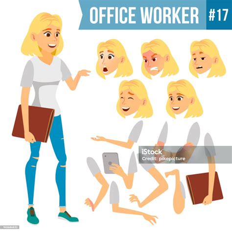 사무실 작업자 벡터입니다 여자입니다 성공적인 장교 사무원 하 인입니다 비즈니스 여자 노동자입니다 감정 다양 한 제스처를 얼굴 애니메이션 만들기 세트입니다 격리 된 평면 그림
