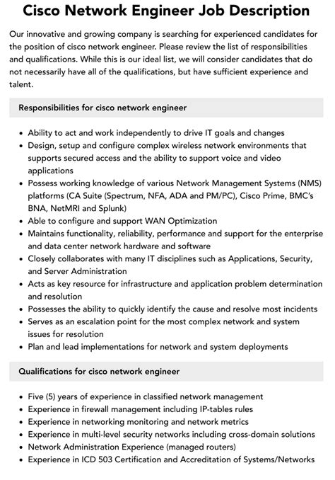 Cisco Network Engineer Job Description Velvet Jobs