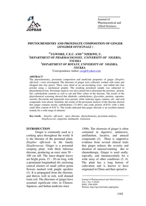Pdf Phytocvhemistry And Proximate Composition Of Ginger