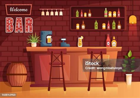 저녁에는 알코올 음료 병 바텐더 테이블 실내 및 의자가있는 바 또는 펍 플랫 카툰 일러스트 레이 션의 실내 방 가구에 대한 스톡 벡터 아트 및 기타 이미지 Istock