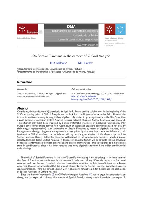 Pdf On Special Functions In The Context Of Clifford Analysis