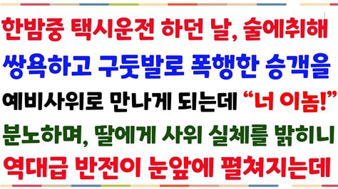 반전신청사연택시운전하며 내게 술이취해모욕감을 준 택시승객을 내 예비사위로 만나게 되는데니가 감히말하며 딸에게 예비사위 실채를 밝히니 신청사연 사이다썰 사연