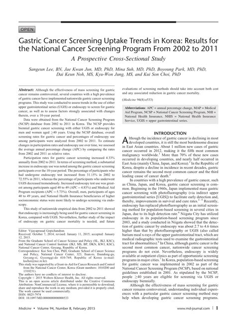 Pdf Gastric Cancer Screening Uptake Trends In Korea Results For The National Cancer Screening