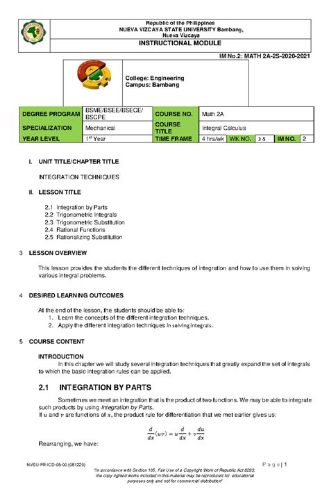 Integral Calculus Lecture Notes IM No MATH A S NVSU FR ICD P A G E