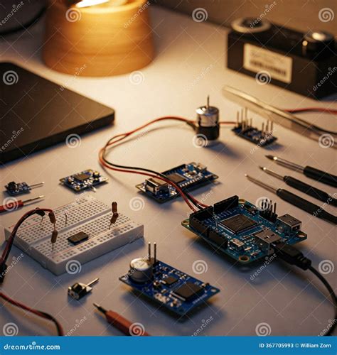 Microcontroller And Breadboard Circuit With 7 Segment Display Cartoon Vector