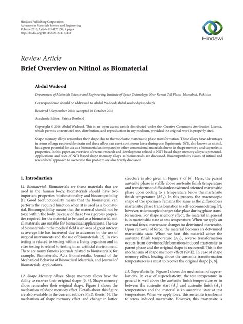 Pdf Brief Overview On Nitinol As Biomaterial