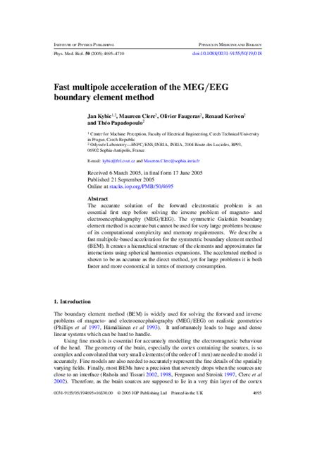 Pdf Fast Multipole Acceleration Of The Meg Eeg Boundary Element Method