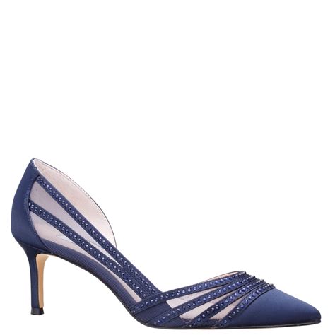 Womens Noreen Blue Satin Crystal Pointy Toe Mid Heel Dorsay Pump