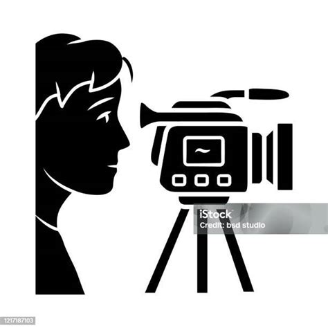 카메라맨 글리프 아이콘입니다 비디오 녹화 촬영 비디오 그래퍼 카메라 와 연산자 비디오 기자 기자 제작 실루엣 기호입니다 음수 공간입니다 벡터 절연 그림 가정용 캠코더에 대한