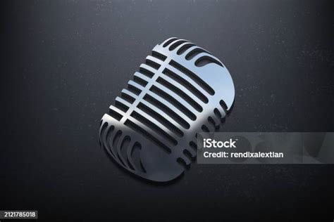 오래 된 마이크 3d 로고 디자인 질감이 있는 벽이 있는 반짝이는 모형 로고 현실적인 벡터 벡터 일러스트 레이 션 3차원 형태에 대한 스톡 벡터 아트 및 기타 이미지