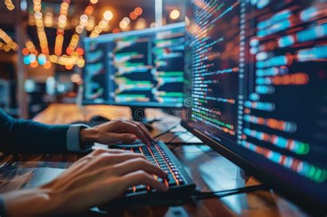 Programmer Is Hands On Keyboard Writing Source Code On Screen Monitor