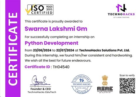 Swarna Lakshmi Gm On Linkedin Pythondevelopment Internship Technohacks Learningjourney