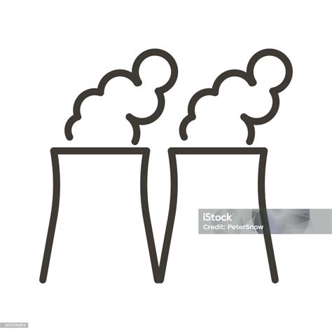 벡터 가는 선 아이콘 개요 원자력 발전소 연기 구름이 있는 공장 굴뚝 유해한 배출물의 선형 스트로크 그림 0명에 대한 스톡 벡터