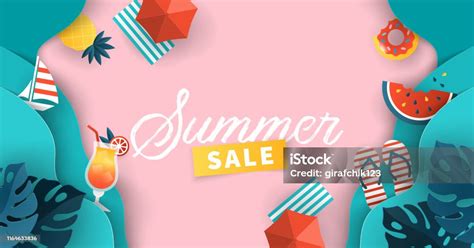 여름 판매 배너 디자인 종이 컷 열 대 잎 바다 파도 와 여름 기호 배경 여름에 대한 스톡 벡터 아트 및 기타 이미지 여름 플립 플랍 고객 참여 Istock