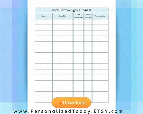 Printable Library Sign Out Sheets Us Letter Size Pdf Print And Etsy