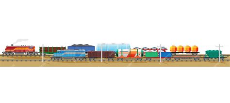 기차 화물 마차 물통 탱크 및 자동차 세트 철도 화물 컬렉션 Flatcar Boxcar 자동차 마차 산업 마차 측면 보기 화물 철도 운송 플랫 벡터 그림 프리미엄 벡터