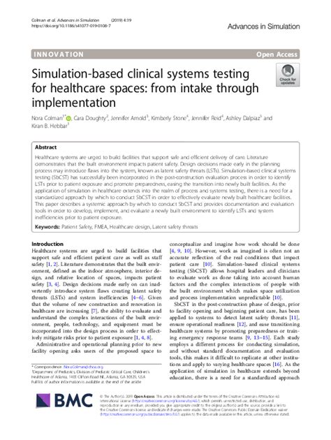 Pdf Simulation Based Clinical Systems Testing For Healthcare Spaces From Intake Through