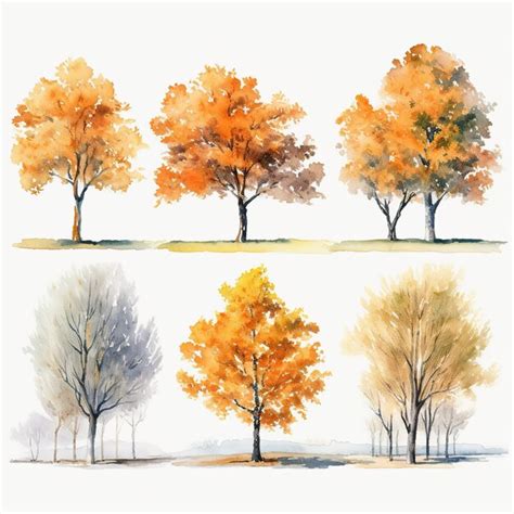 Premium AI Image Tree Watercolor Painted Landscape Set Nature Garden Painting Architecture