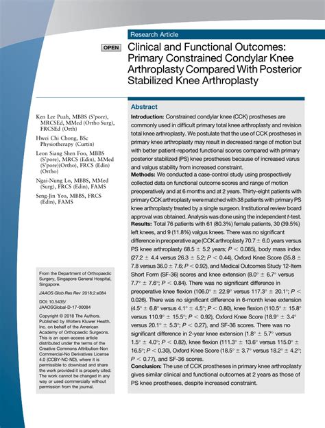 Pdf Clinical And Functional Outcomes Primary Constrained Condylar Knee Arthroplasty Compared