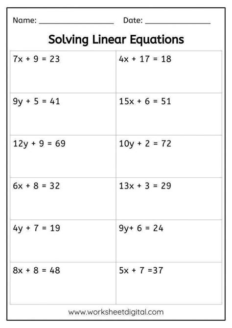 solve the equation worksheet printable pdf template