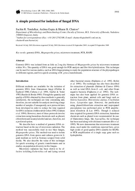 Pdf A Simple Protocol For Isolation Of Fungal Dna