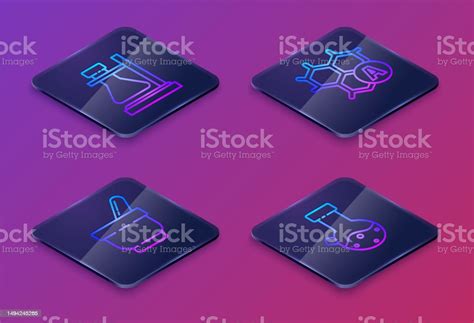 스탠드에 아이소메트릭 라인 시험관 플라스크 모르타르 및 유봉 화학식 및 시험관 및 플라스크 화학 물질을 설정합니다 파란색 사각형 버튼입니다 벡터 3차원 형태에 대한 스톡