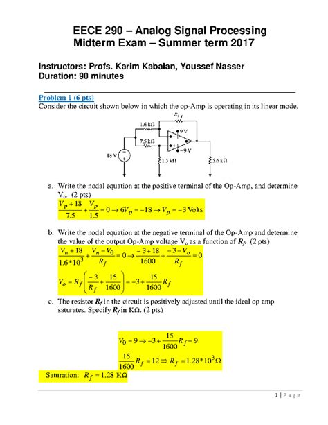 Midterm Exam Summer 2017 Solution Eece 290 Analog Signal Processing Midterm Exam Summer